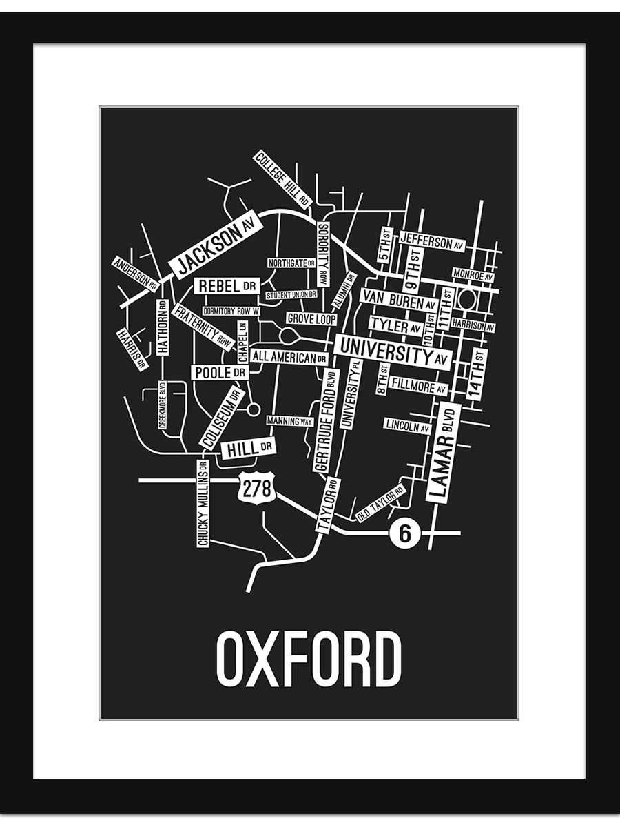 Oxford, Mississippi Street Map Screen Print - School Street Posters