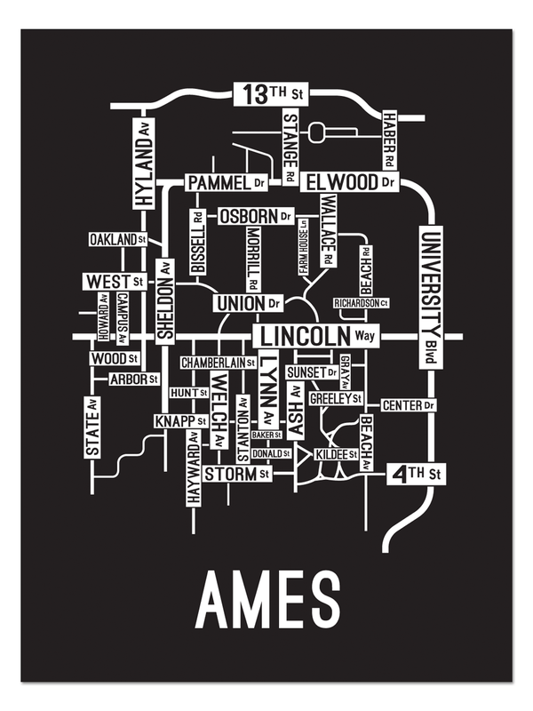 Ames, Iowa Street Map Print | School Street Posters