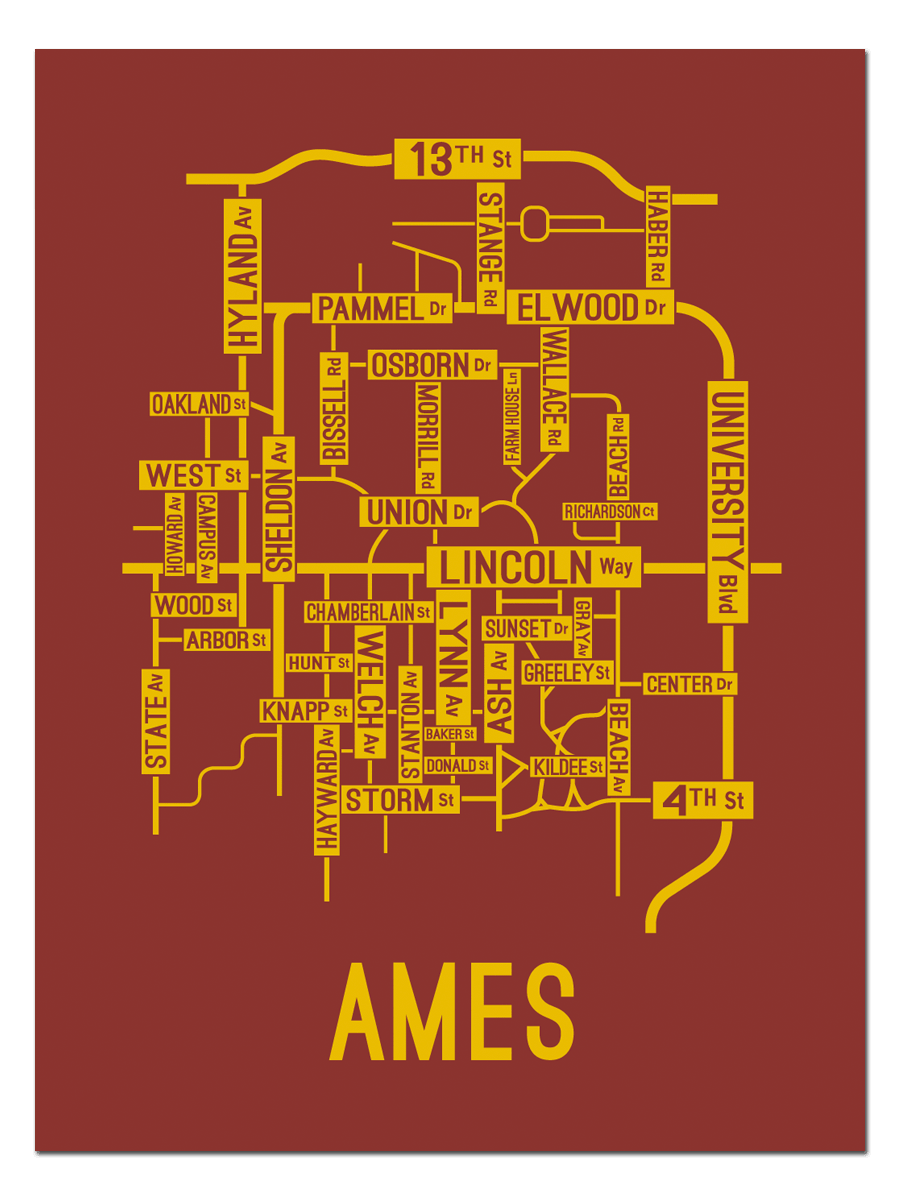 Ames, Iowa Street Map Print | School Street Posters