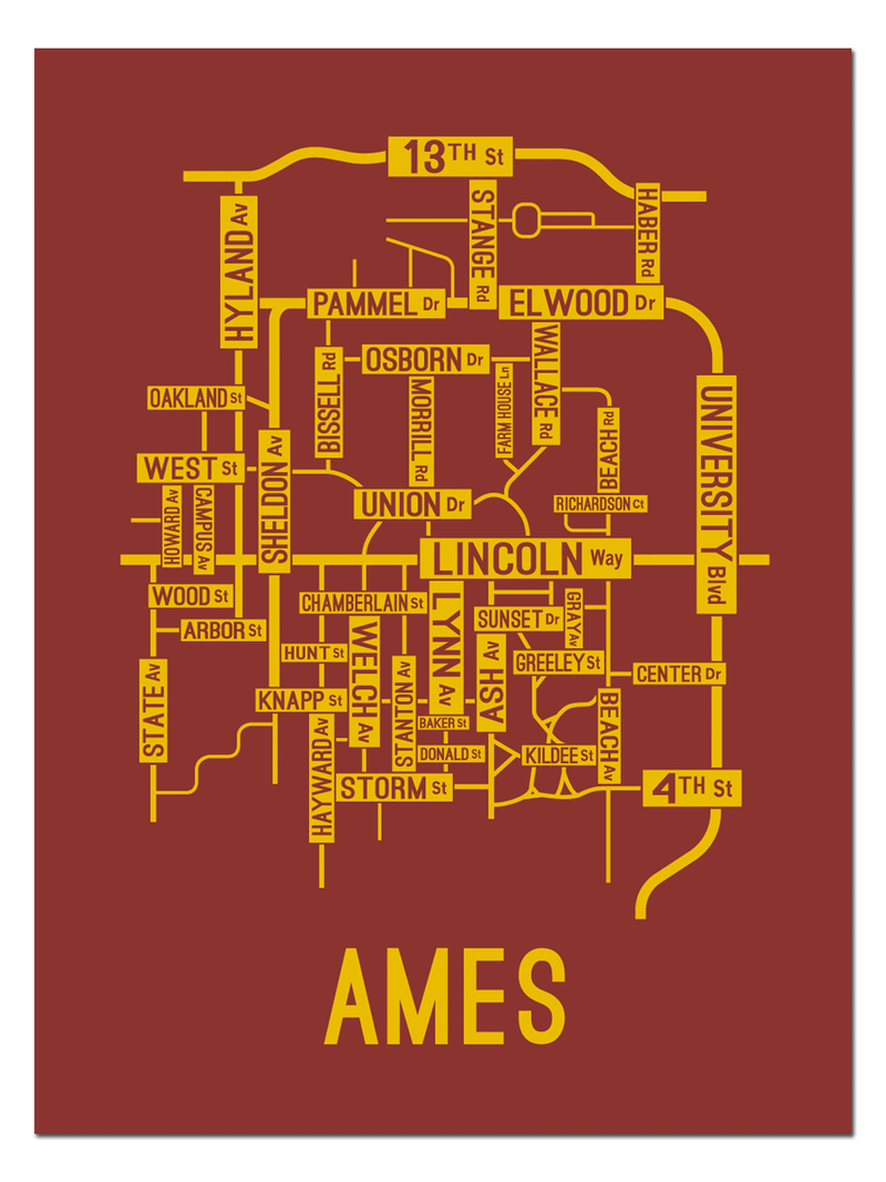 Ames, Iowa Street Map Print | School Street Posters