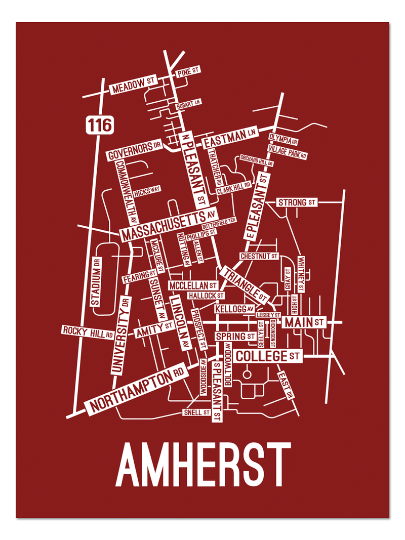 Amherst, Massachusetts Street Map Print | School Street Posters