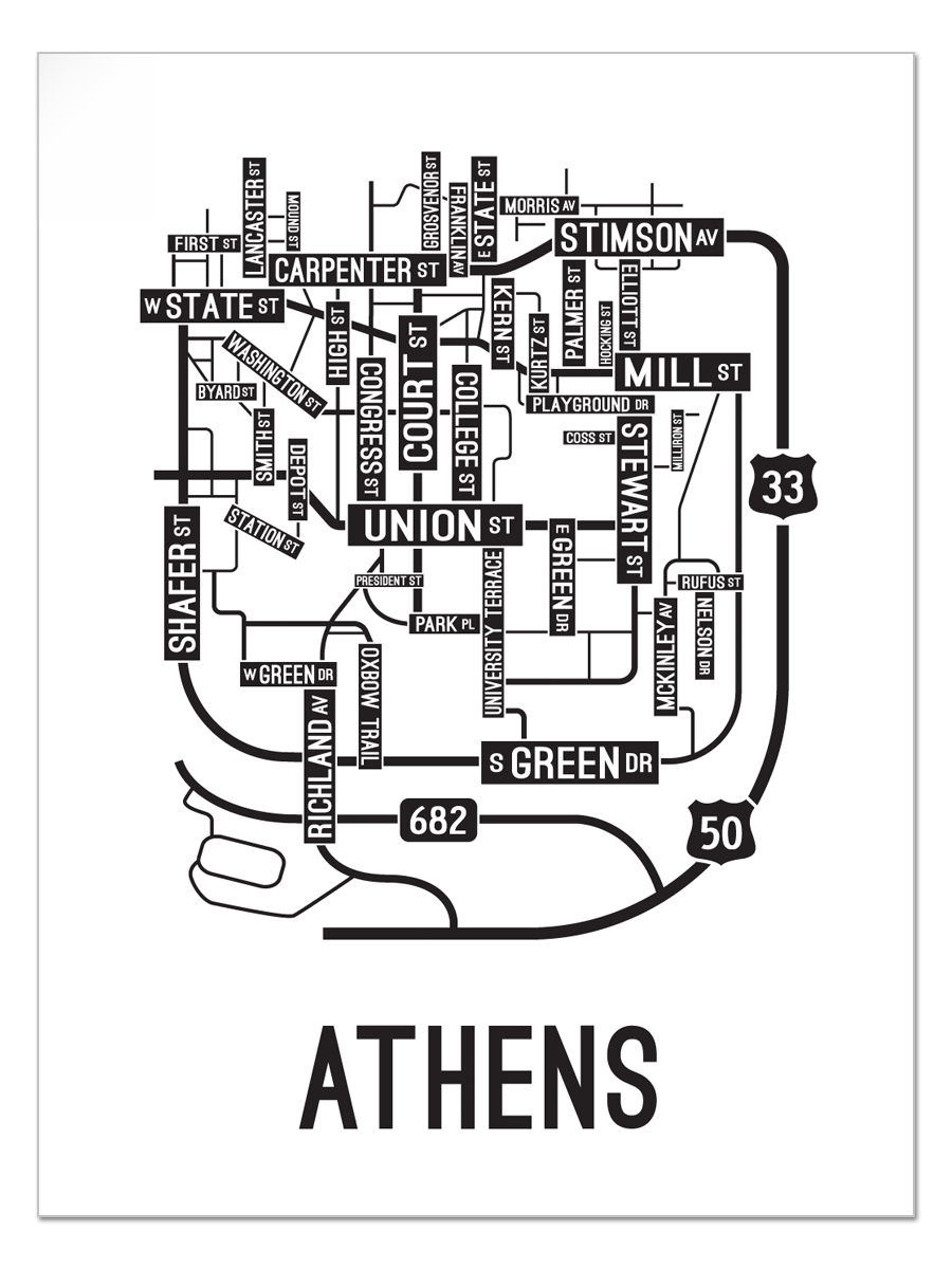 Athens, Ohio Street Map Print | School Street Posters