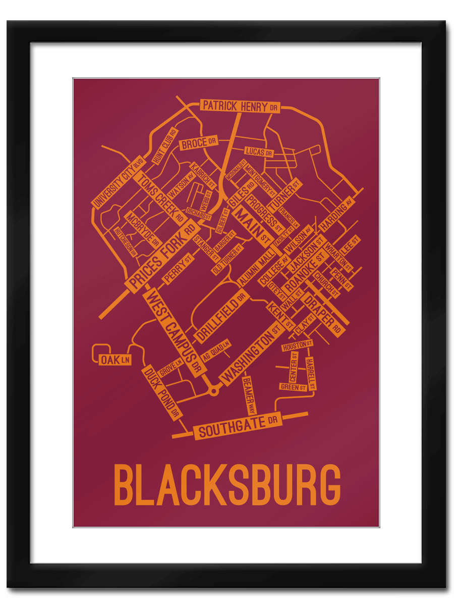 Blacksburg, Virginia Street Map Print | School Street Posters