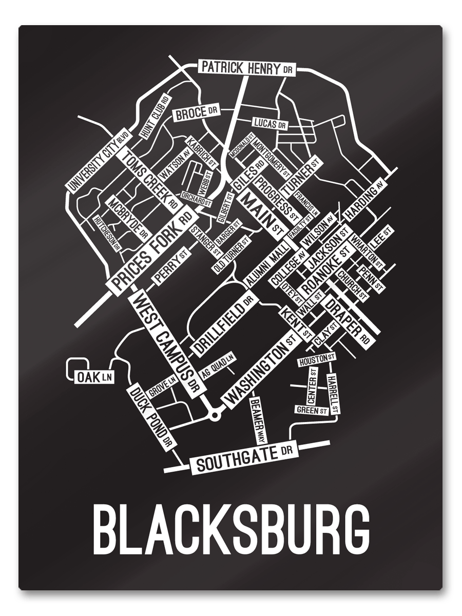 Blacksburg, Virginia Street Map Print | School Street Posters