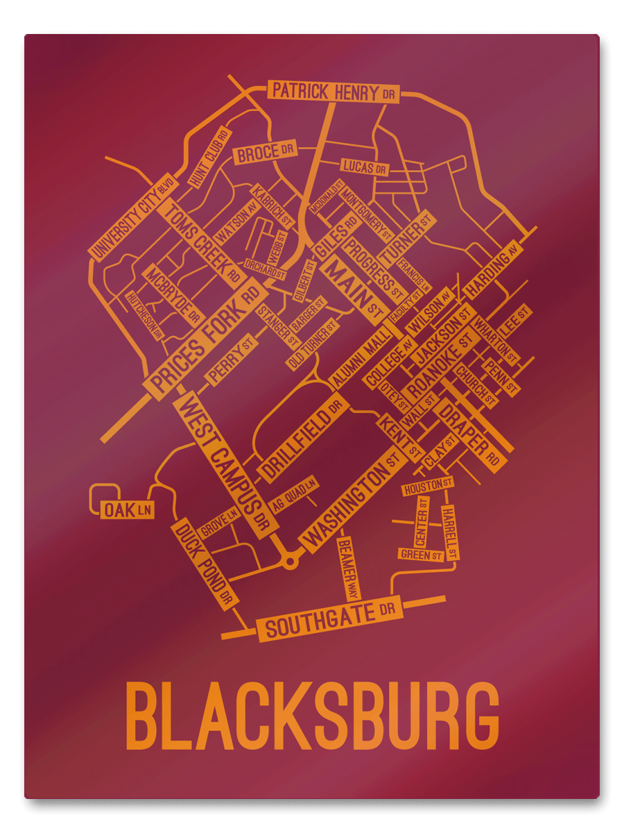 Blacksburg, Virginia Street Map Print | School Street Posters