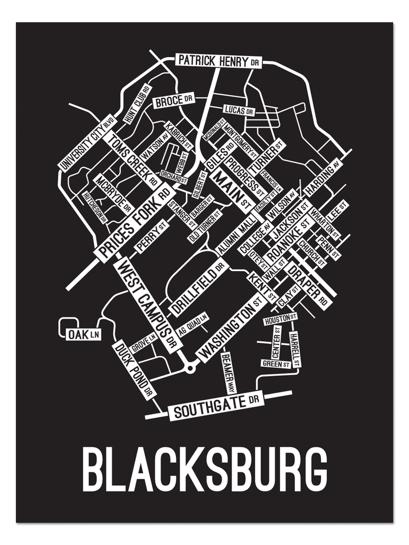 Blacksburg, Virginia Street Map Print | School Street Posters