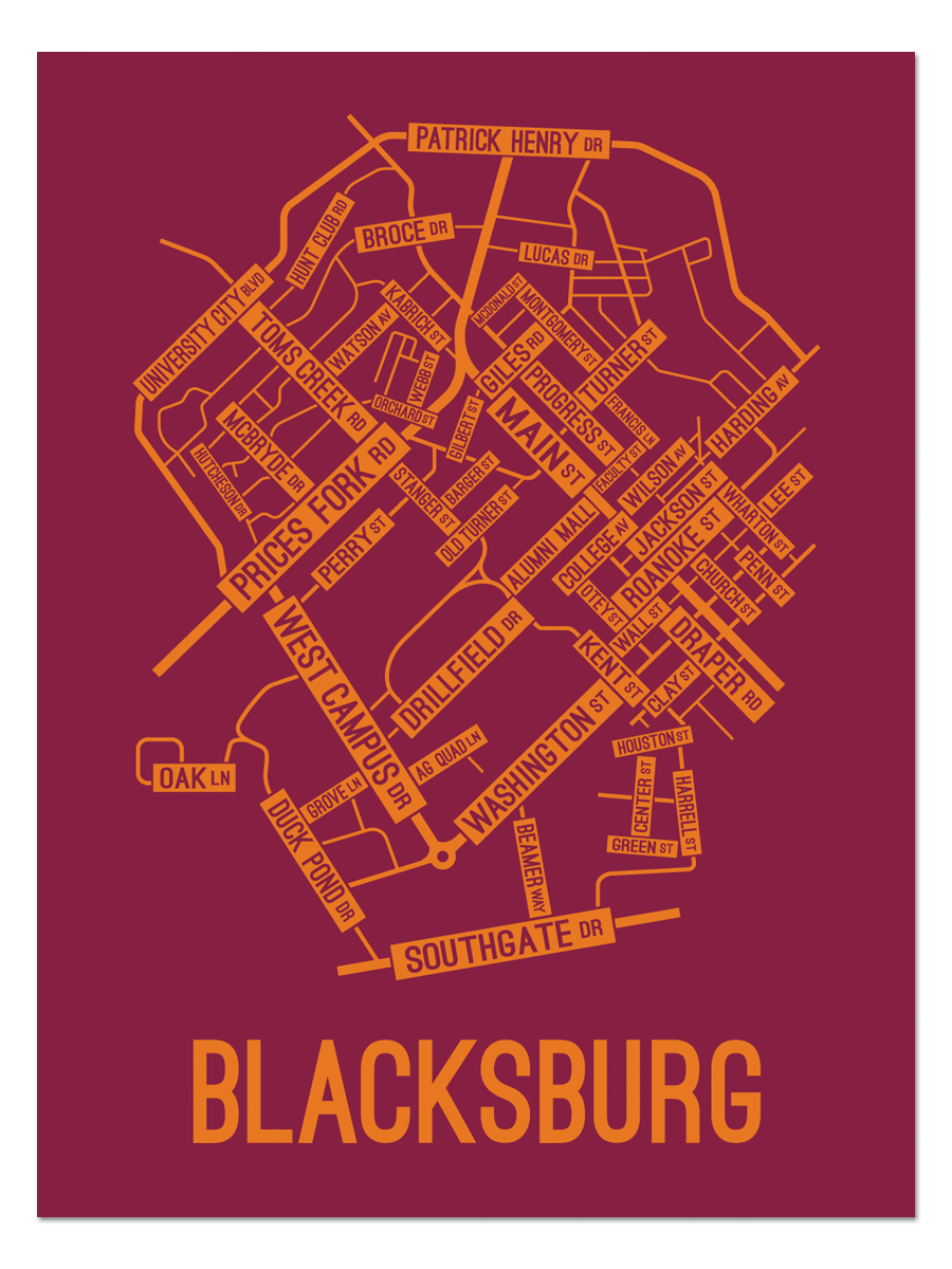 Blacksburg, Virginia Street Map Print | School Street Posters