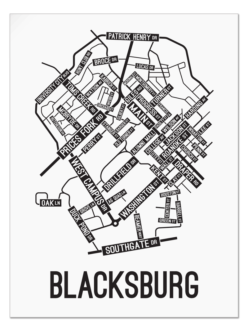 Blacksburg, Virginia Street Map Print | School Street Posters