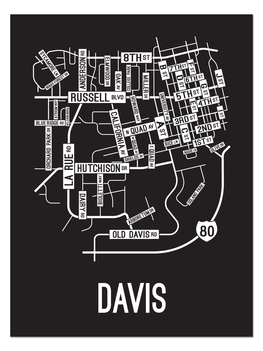 Davis, California Street Map - School Street Posters