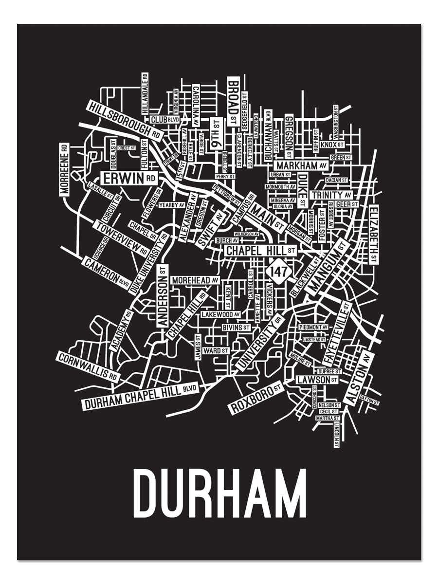 Durham, North Carolina Street Map Poster | School Street Posters