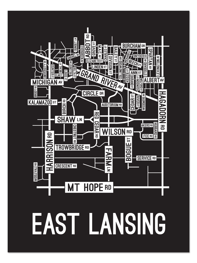 East Lansing, Michigan Street Map Print | School Street Posters