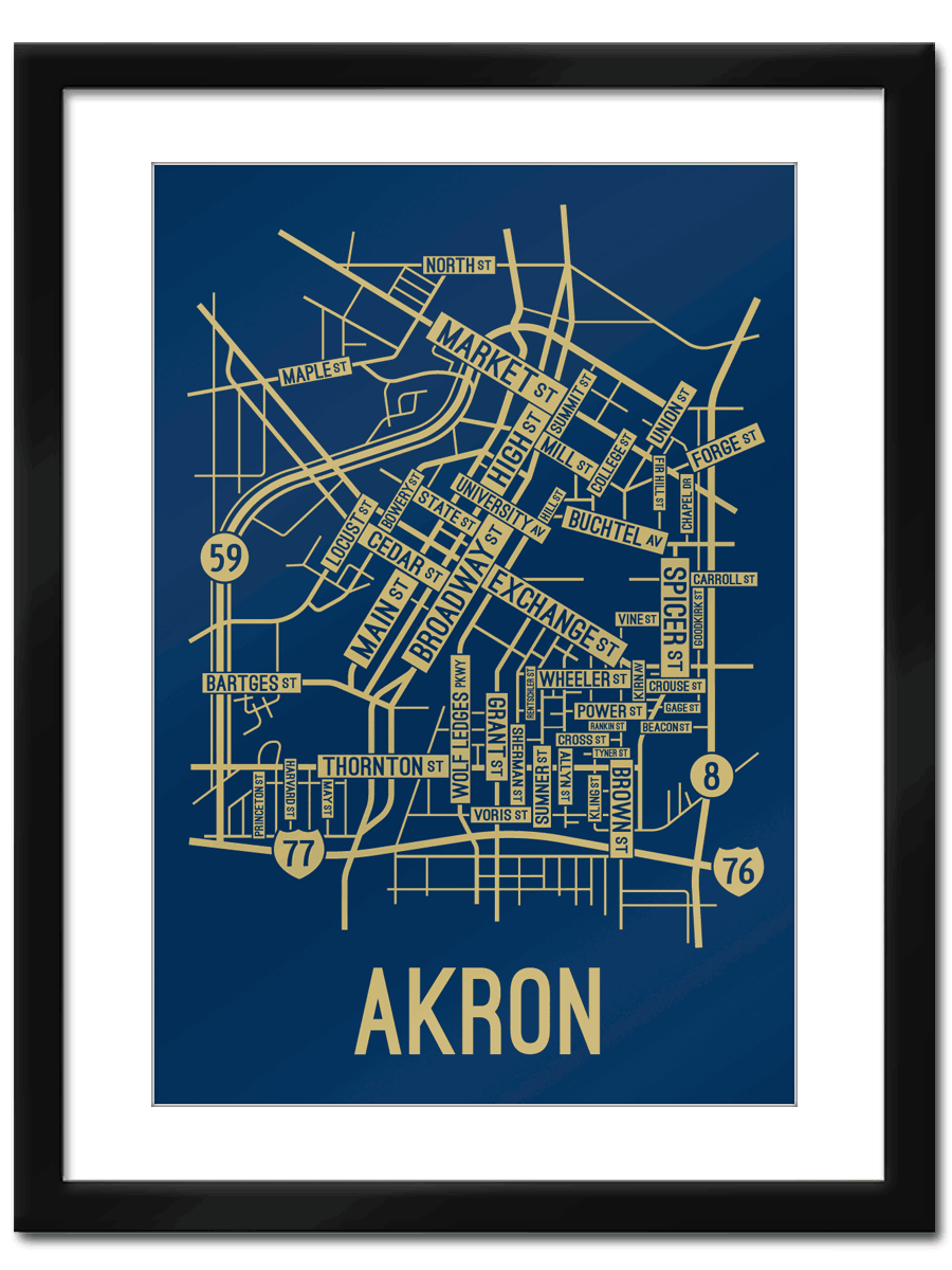 Akron, Ohio Street Map Print | School Street Posters