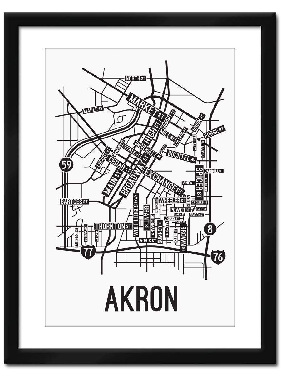Akron, Ohio Street Map Print | School Street Posters