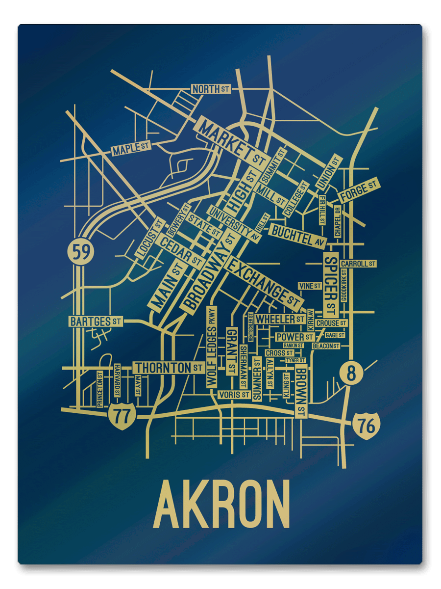Akron, Ohio Street Map Print | School Street Posters