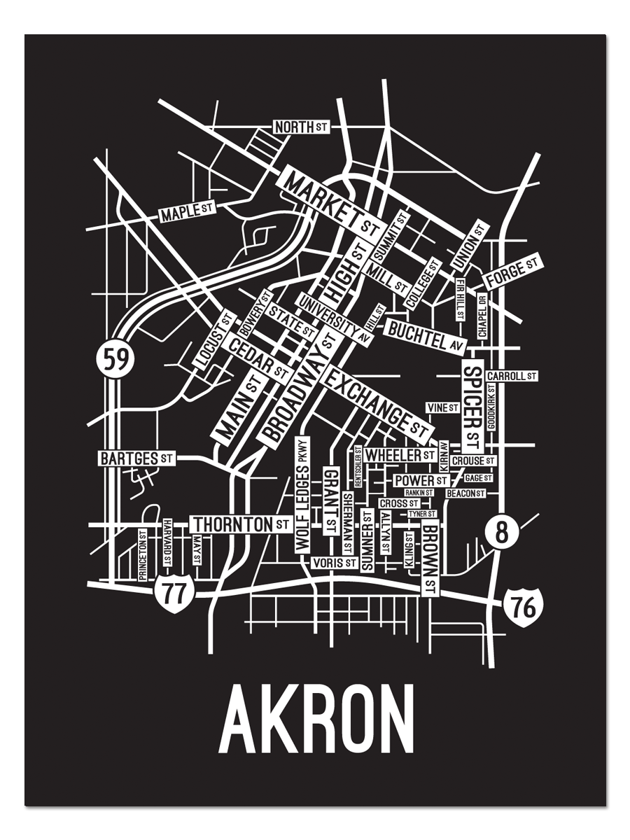 Akron, Ohio Street Map Print | School Street Posters