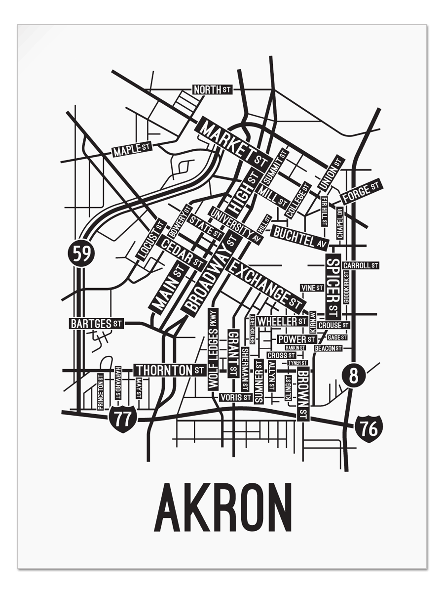 Akron, Ohio Street Map Print | School Street Posters