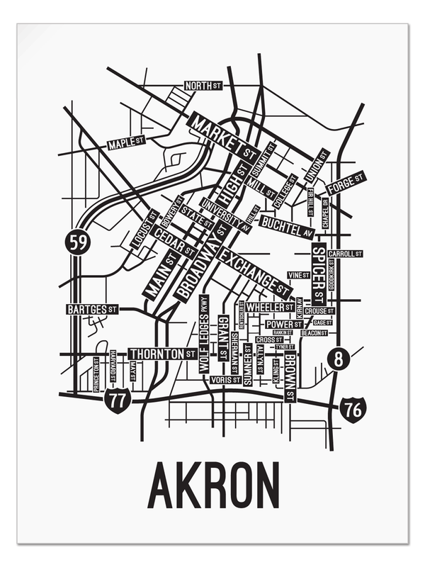 Akron, Ohio Street Map Print | School Street Posters