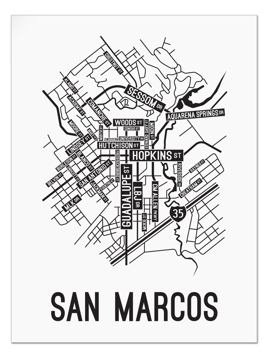 San Marcos, Texas Street Map - School Street Posters