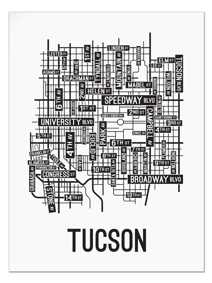 Downtown Tucson Arizona Map Tucson Arizona Map Art Print Poster
