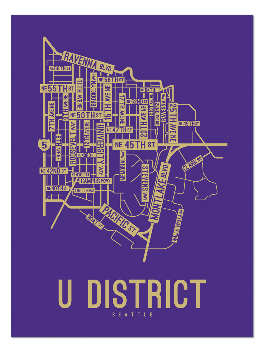 U District, Seattle, Washington Street Map - School Street Posters