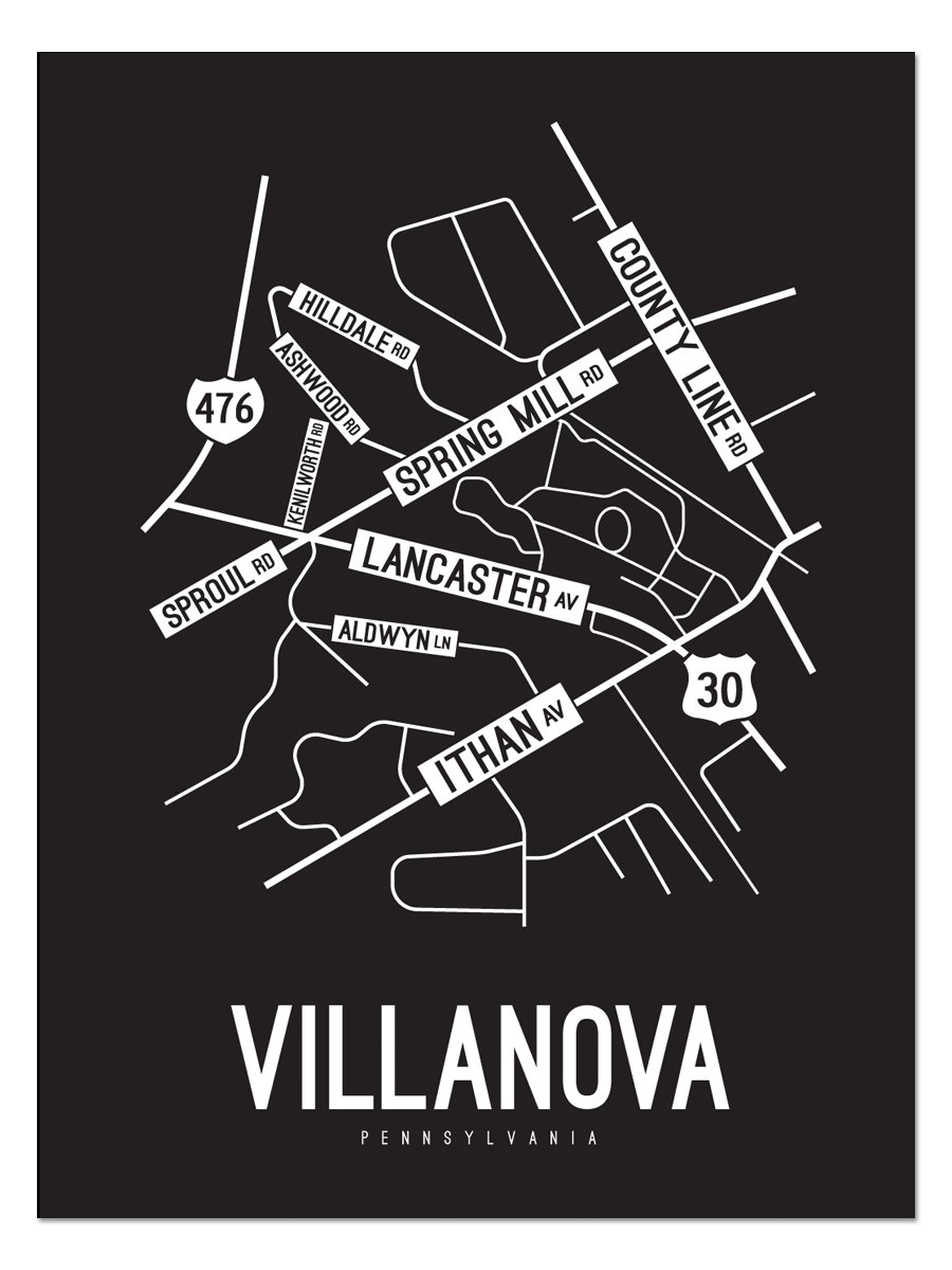 Villanova, Pennsylvania Street Map Print | School Street Posters
