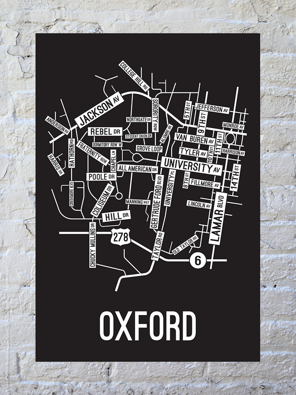 Oxford, Mississippi Street Map Screen Print - School Street Posters
