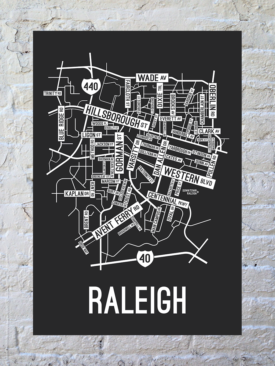 Raleigh, North Carolina Street Map Screen Print - School Street Posters