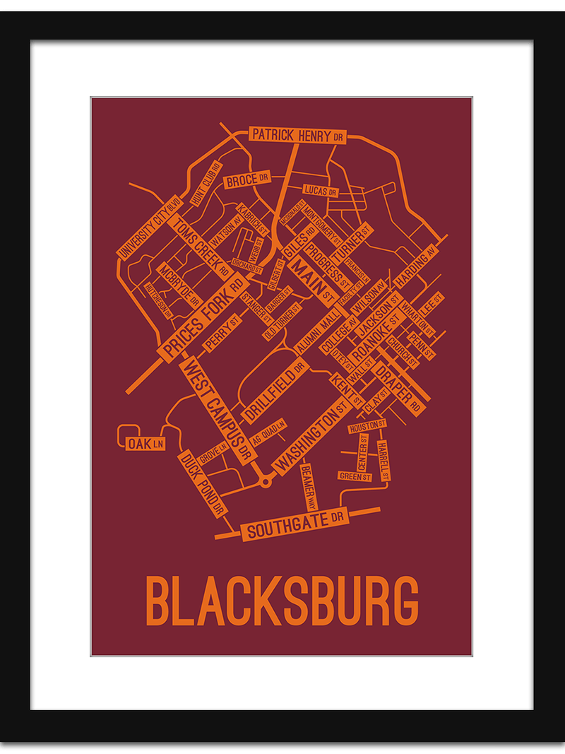 Blacksburg, Virginia Street Map Print | School Street Posters