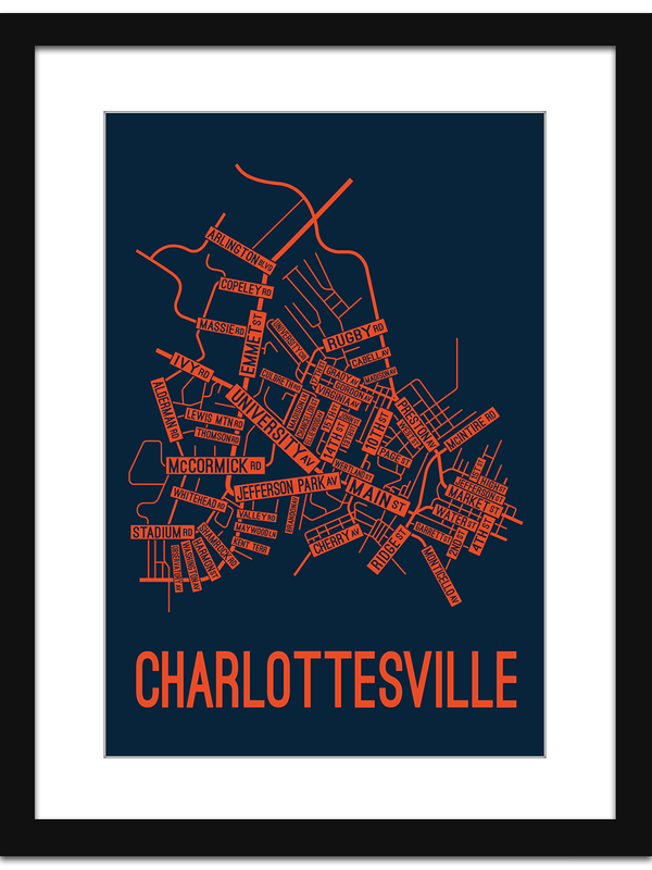 Charlottesville, Virginia Street Map Screen Print - School Street Posters