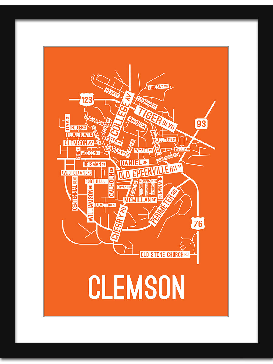 Clemson, South Carolina Street Map Screen Print - School Street Posters
