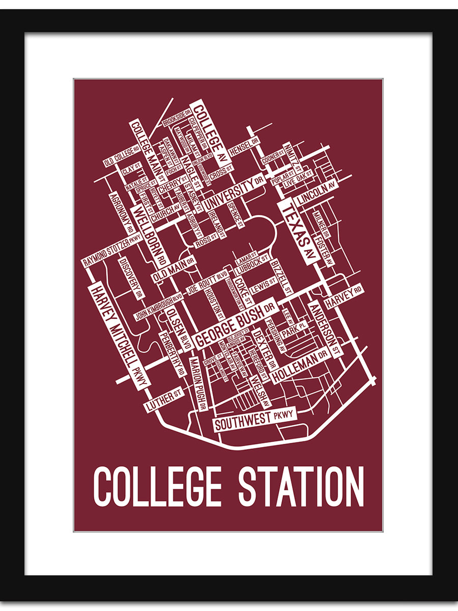 College Station, Texas Street Map Screen Print - School Street Posters