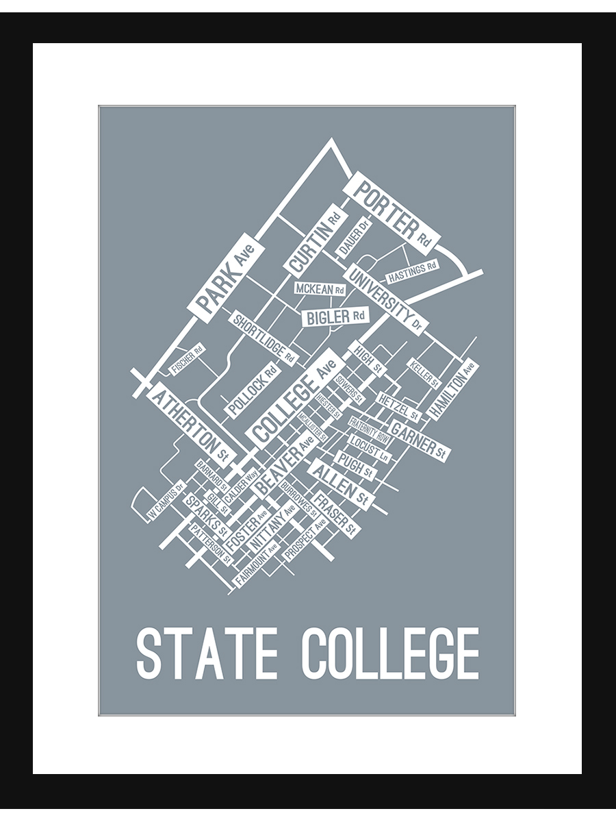State College, Pennsylvania Street Map Screen Print - School Street Posters