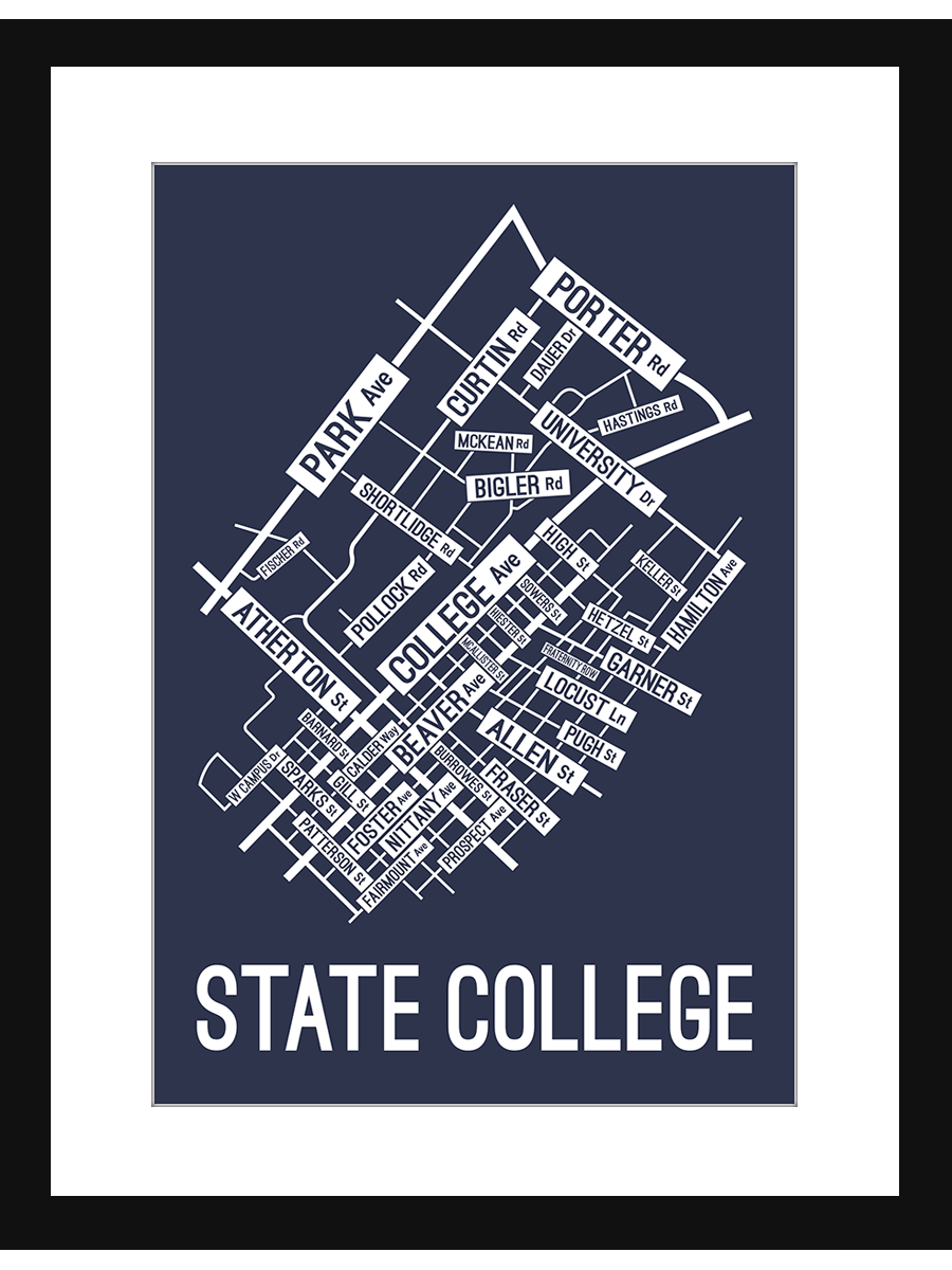 State College, Pennsylvania Street Map Screen Print - School Street Posters