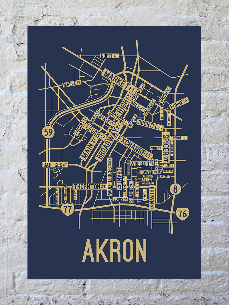 Akron, Ohio Street Map Print | School Street Posters