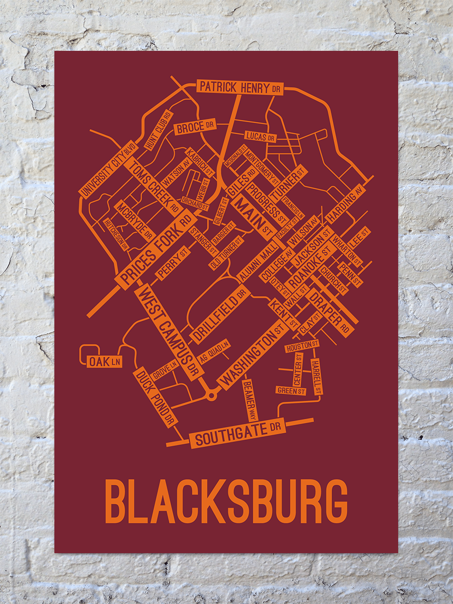 Blacksburg, Virginia Street Map Print | School Street Posters