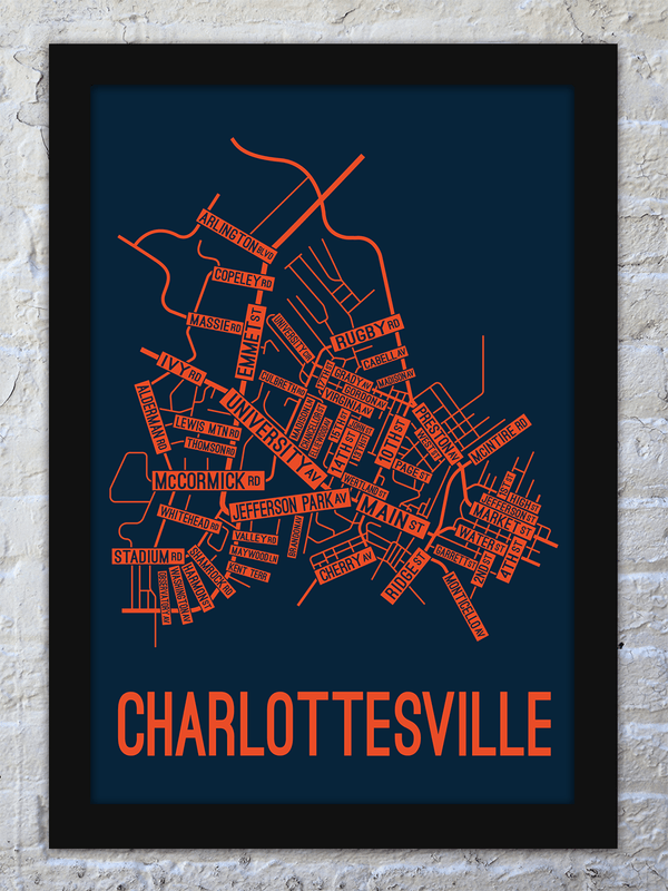 Charlottesville, Virginia Street Map Screen Print - School Street Posters