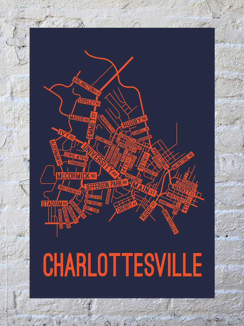 Charlottesville, Virginia Street Map Screen Print - School Street Posters