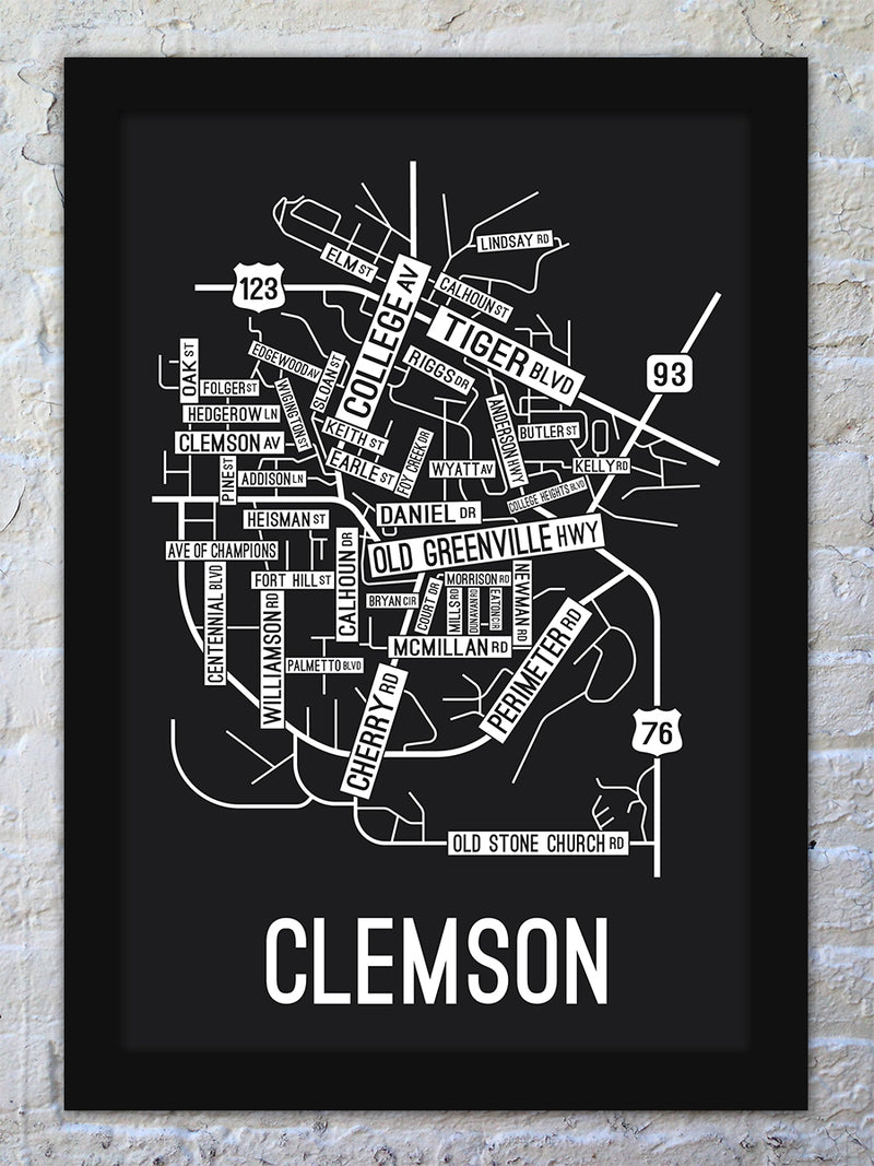 Clemson, South Carolina Street Map Screen Print - School Street Posters
