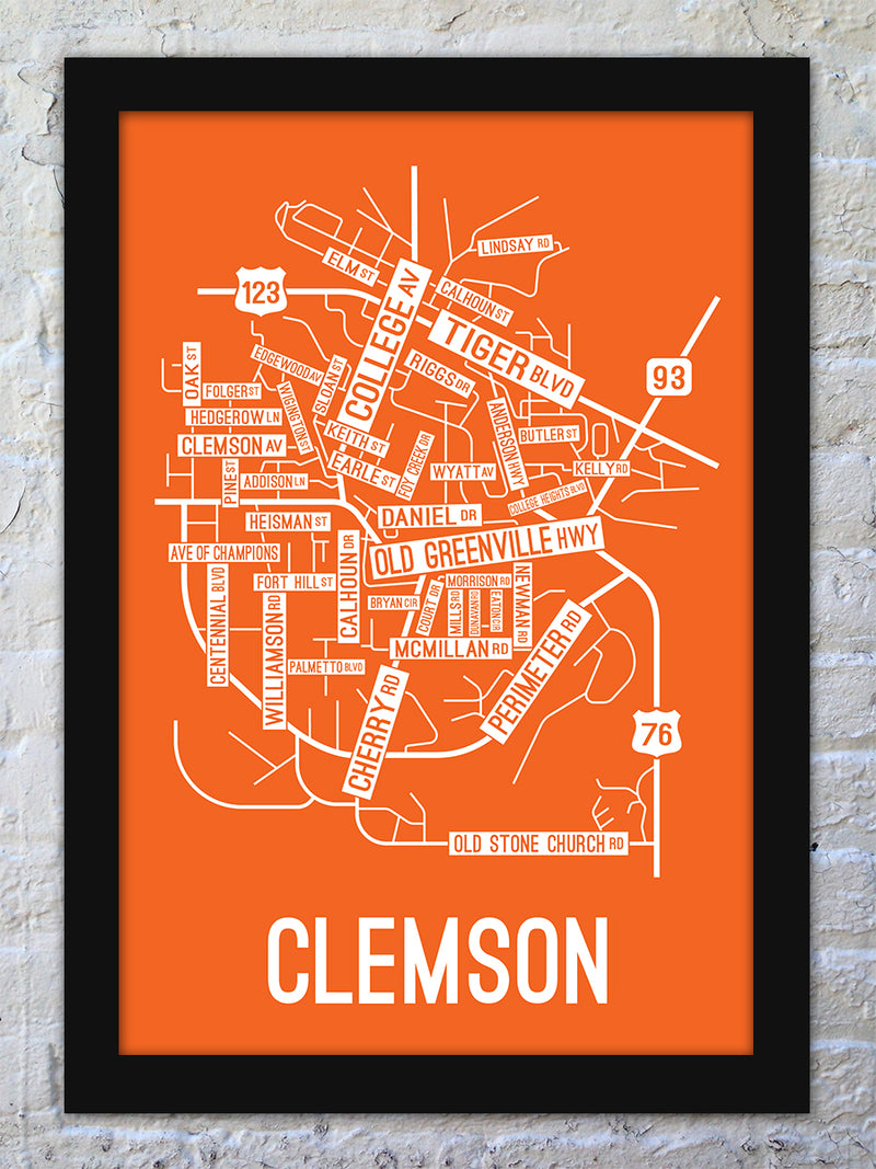 Clemson, South Carolina Street Map Screen Print - School Street Posters