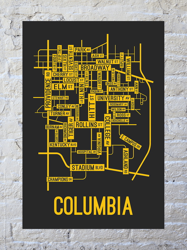Columbia, Missouri Street Map Screen Print - School Street Posters