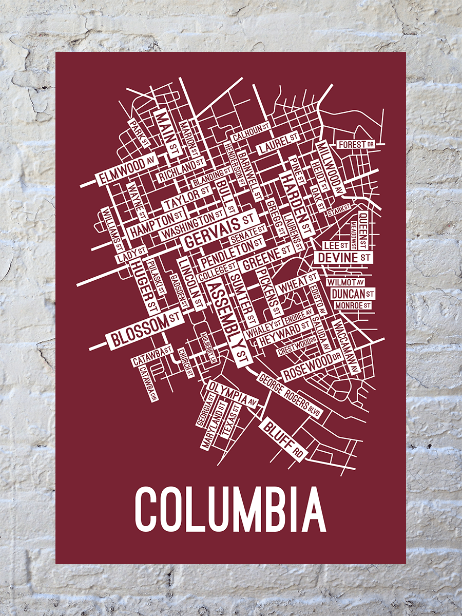 Columbia, South Carolina Street Map Screen Print - School Street Posters