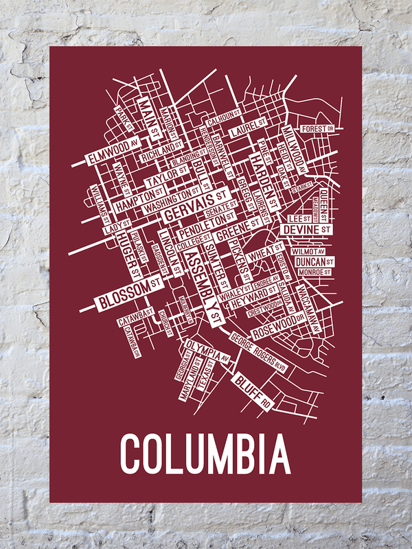 Columbia, South Carolina Street Map Screen Print - School Street Posters
