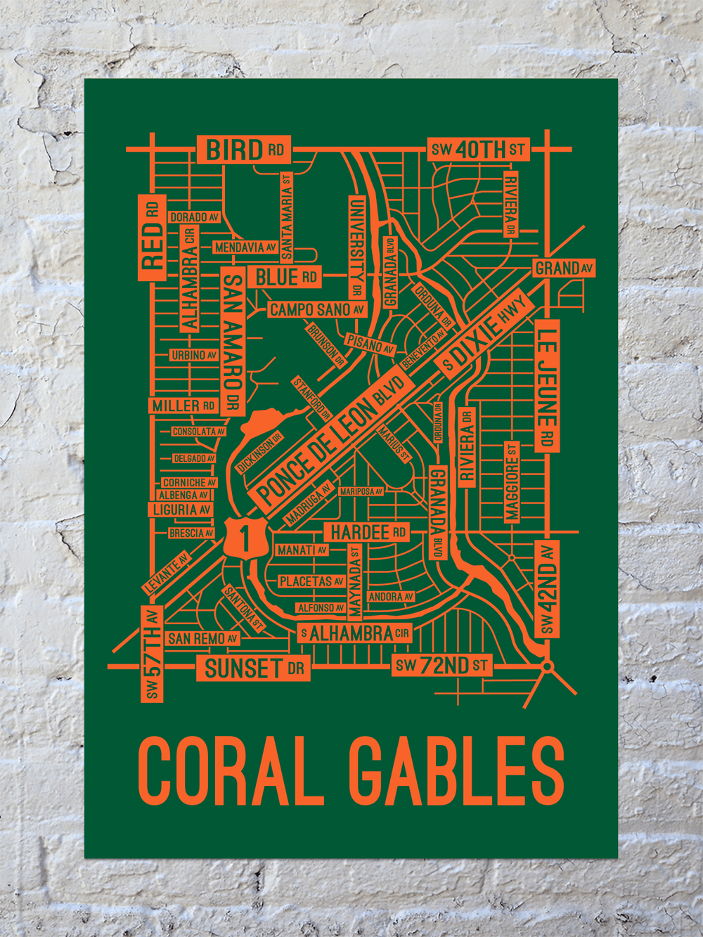 Coral Gables, Florida Street Map Print - School Street Posters