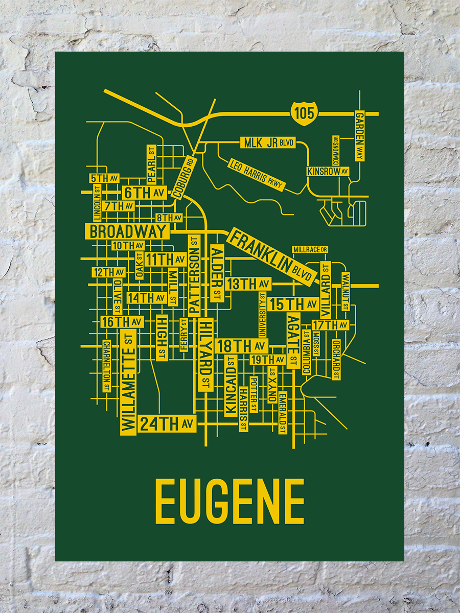 Eugene, Oregon Street Map Screen Print - School Street Posters