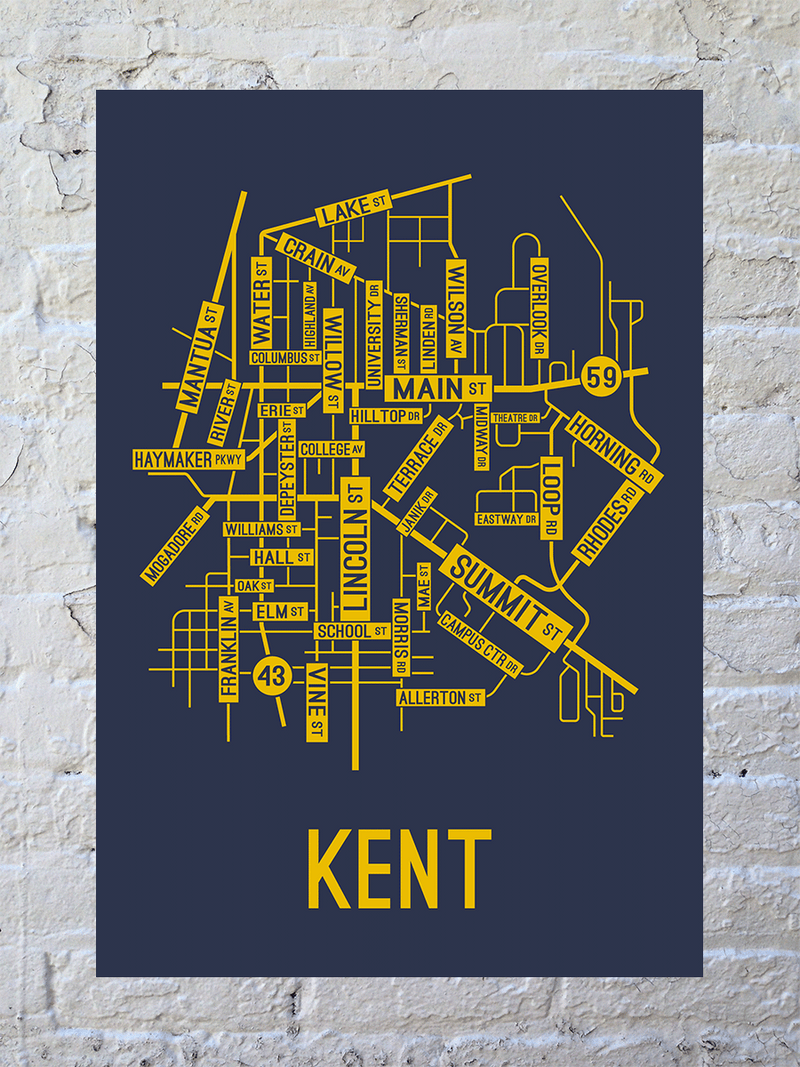 Kent, Ohio Street Map Screen Print - School Street Posters
