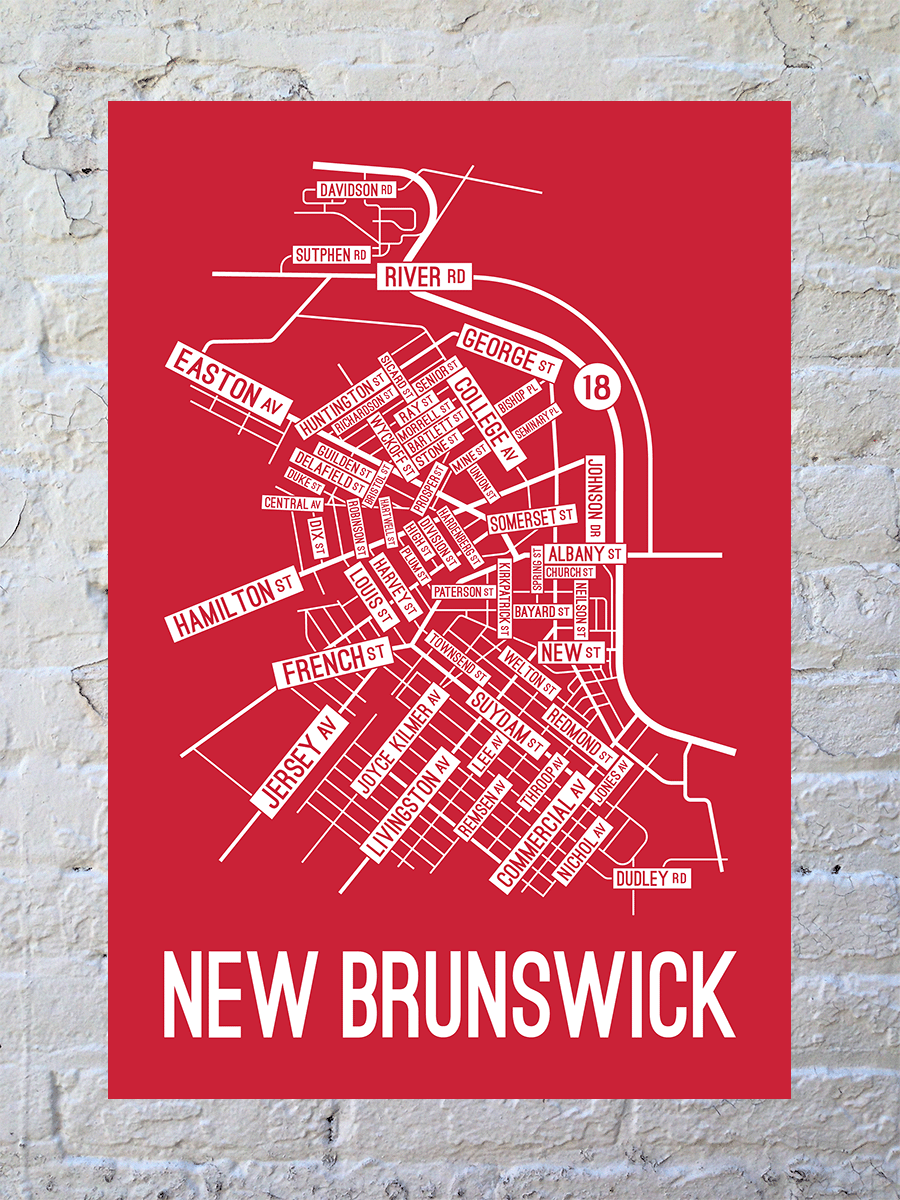 New Brunswick, New Jersey Street Map Screen Print - School Street Posters