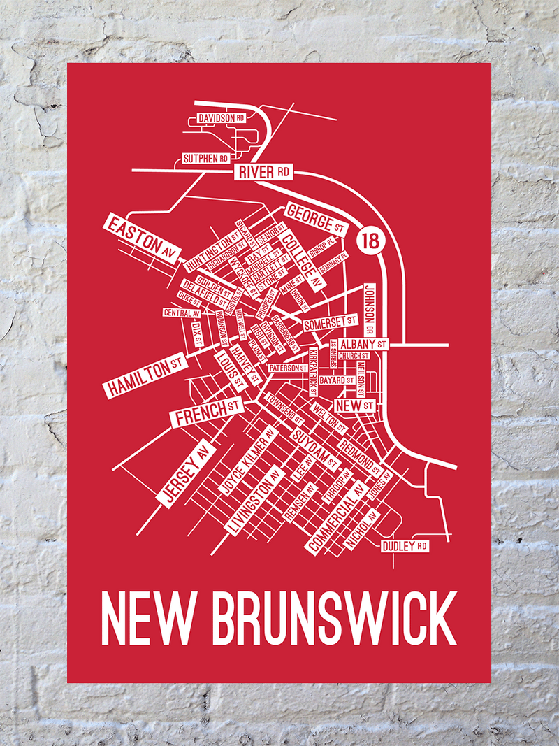 New Brunswick, New Jersey Street Map Screen Print - School Street Posters