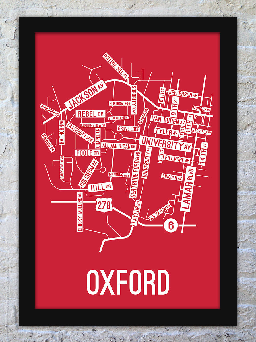 Oxford, Mississippi Street Map Screen Print - School Street Posters
