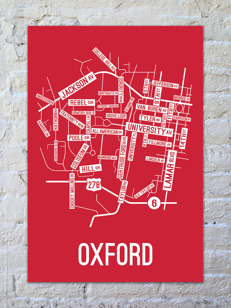 Oxford, Mississippi Street Map Screen Print - School Street Posters