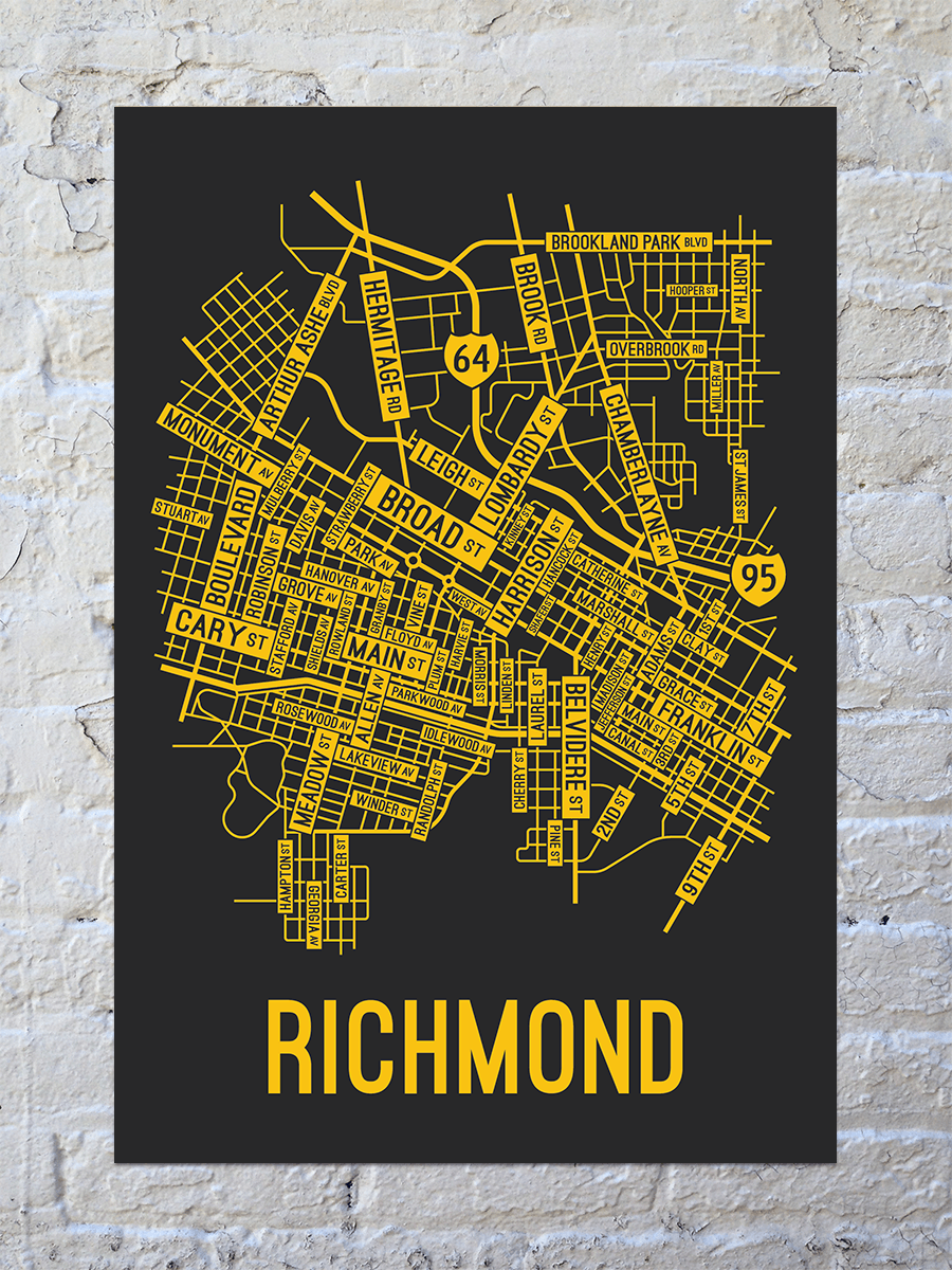 Richmond, Virginia Street Map Screen Print - School Street Posters